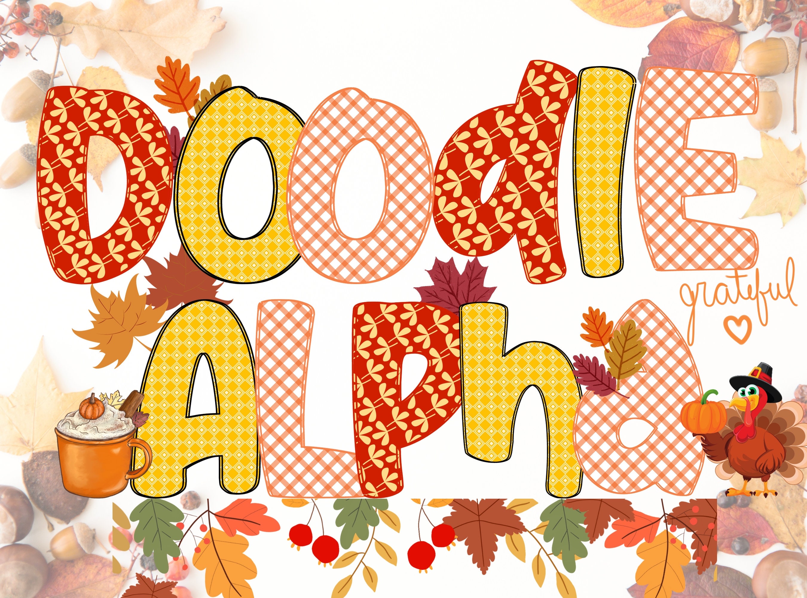 Plaid Doodle Letters Alphabet PNG Bundle,thanksgiving Sublimation Alpha ...