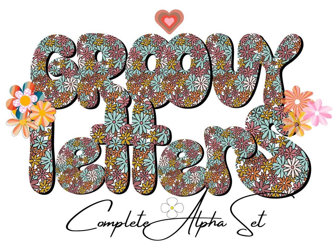 FLORAL Groovy Doodle Letters Alpha Png Set,cute Retro Alphabet Letters ...