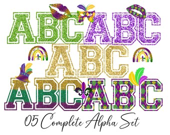 Gold Glitter Mardi Gras Doodle Letters PNG Bundle Sublimation, Varsity ...