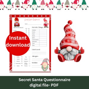 Secret Santa Questionnaire Christmas Gnome Survey Digital Download ...