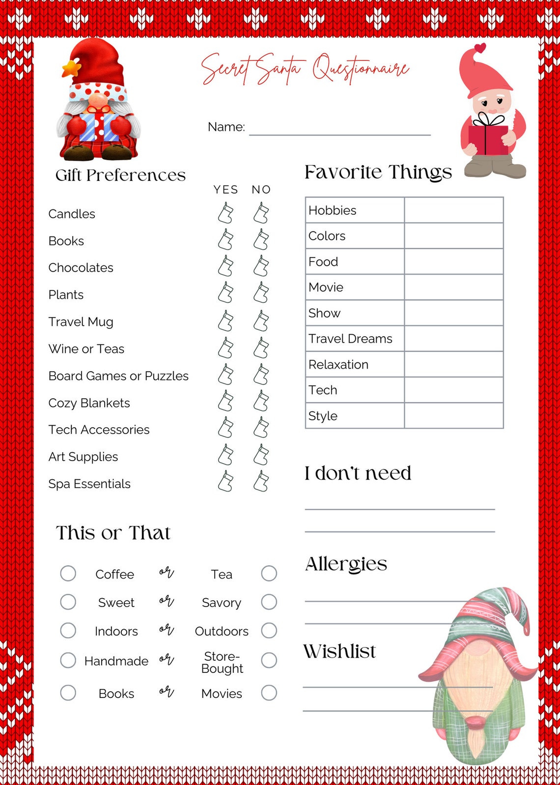Secret Santa Questionnaire Christmas Gnome Survey Digital Download ...