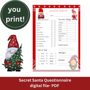 Secret Santa Questionnaire Christmas Gnome Survey Digital Download ...