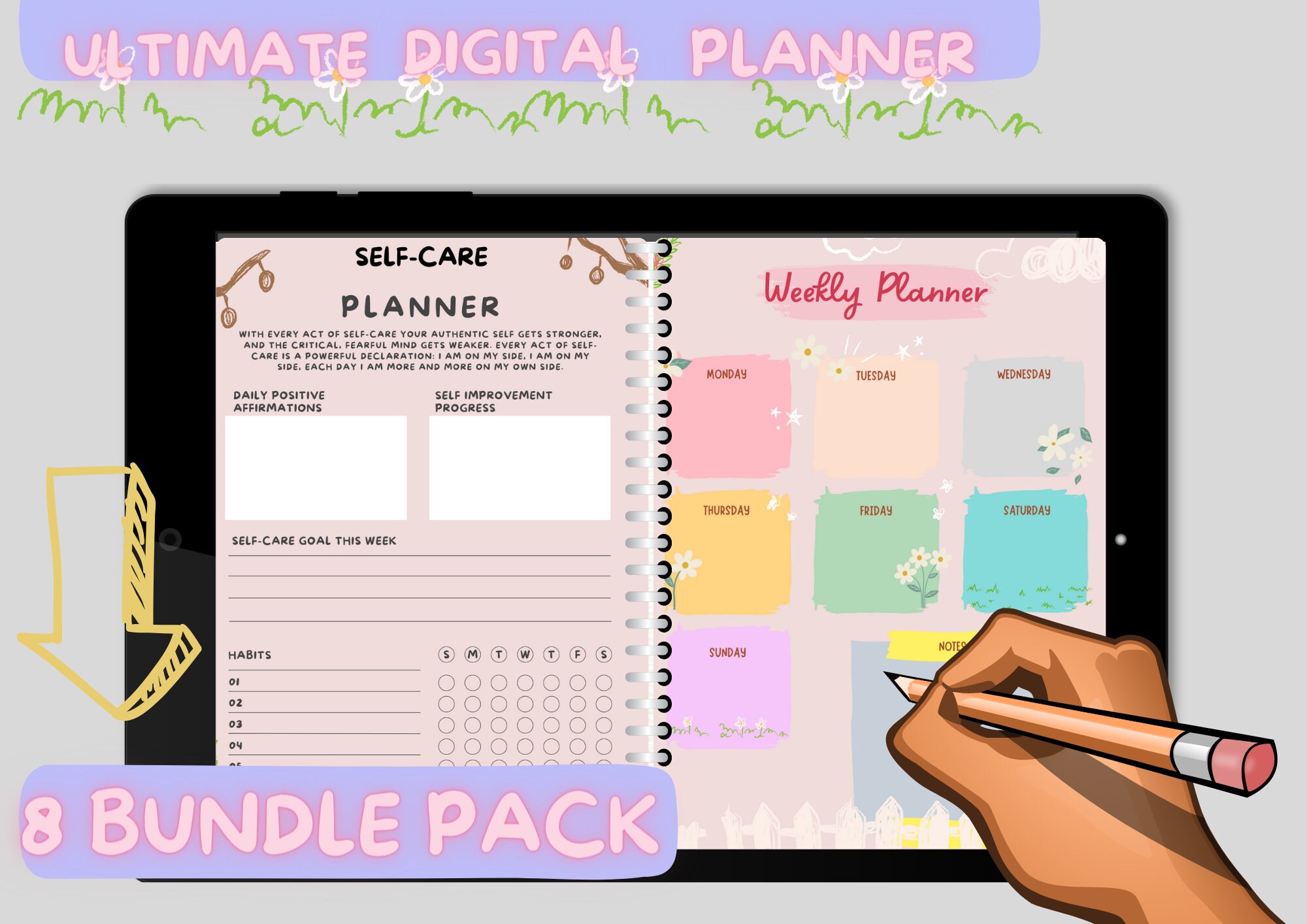 Digital 2023-2024 weekly planner, self care and productivity planner ...