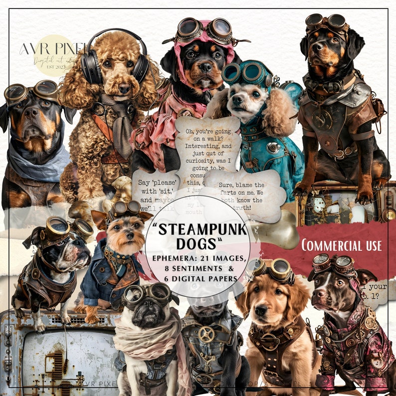 Vintage Steampunk Dogs Gear Head Cutouts Ephemera for Junk Journals and ...