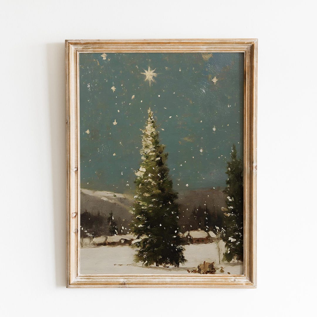 Winter Starry Night Tree Poster, Vintage Christmas Wall Art Print ...