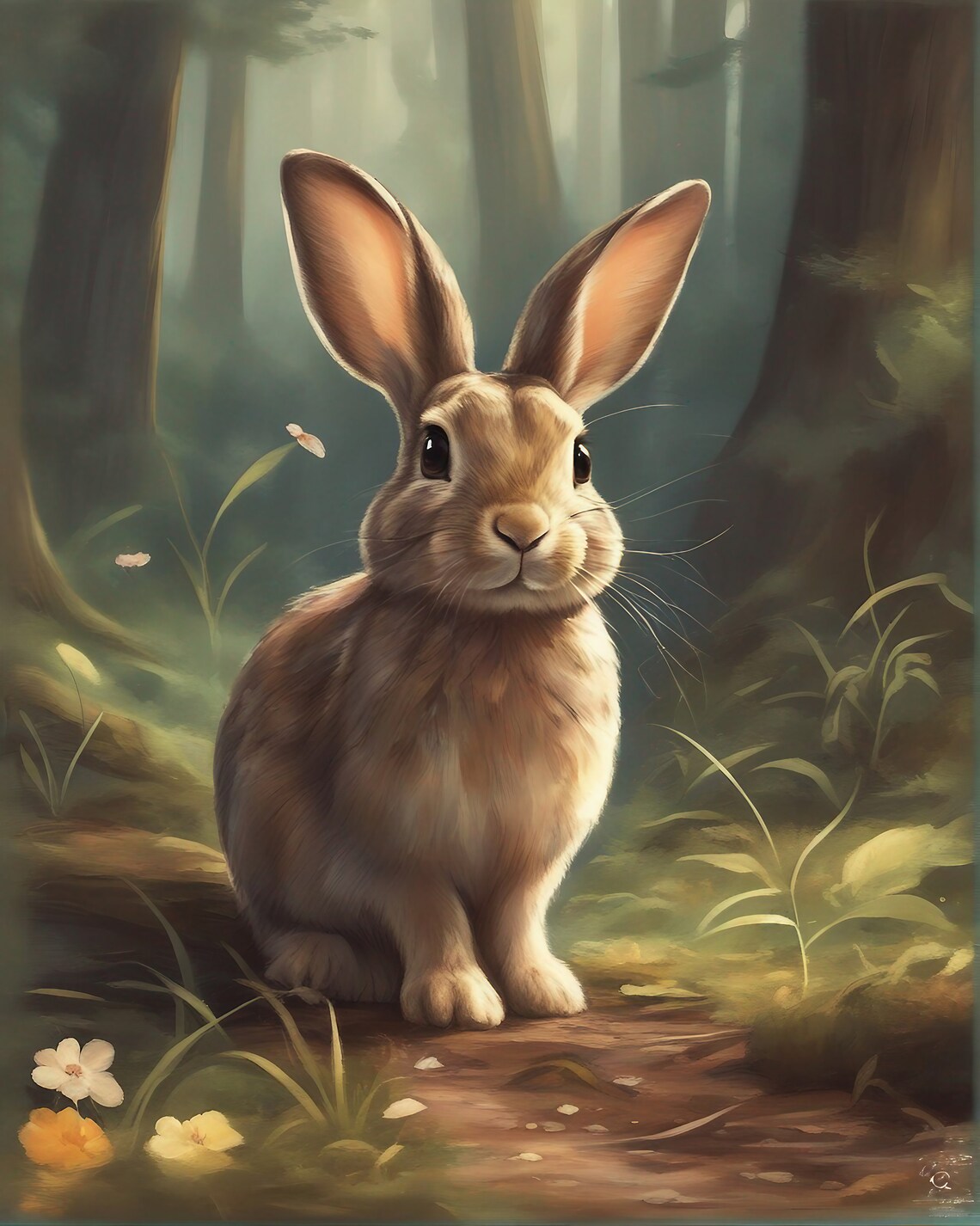 Digital Print, Nature, Cute Rabbit Sitting in the Woods Print, Painted ...