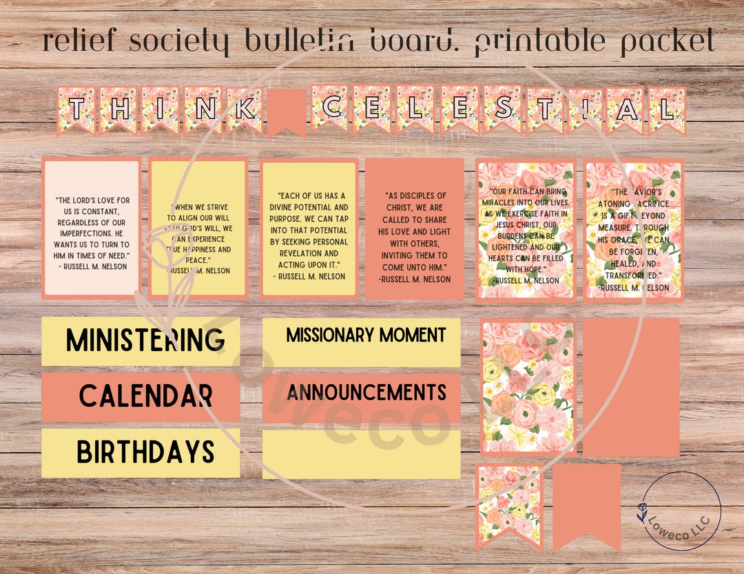 Bulletin Board Packet THINK CELESTIAL Floral Background Relief Society ...
