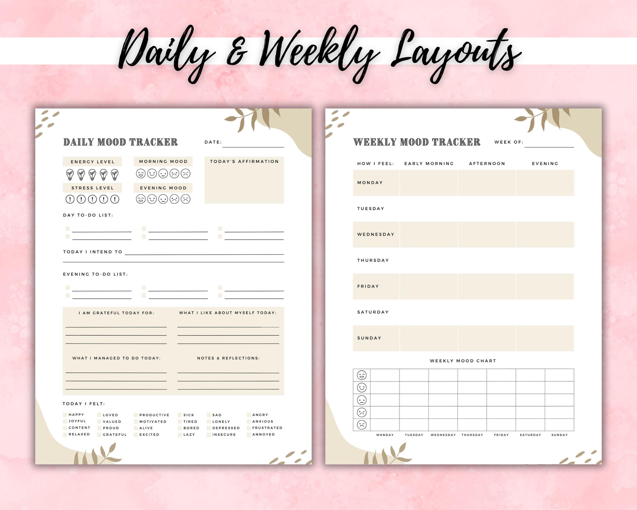 Mood Tracker Printable Kit, Daily Mood Log, Weekly Mood Journal ...
