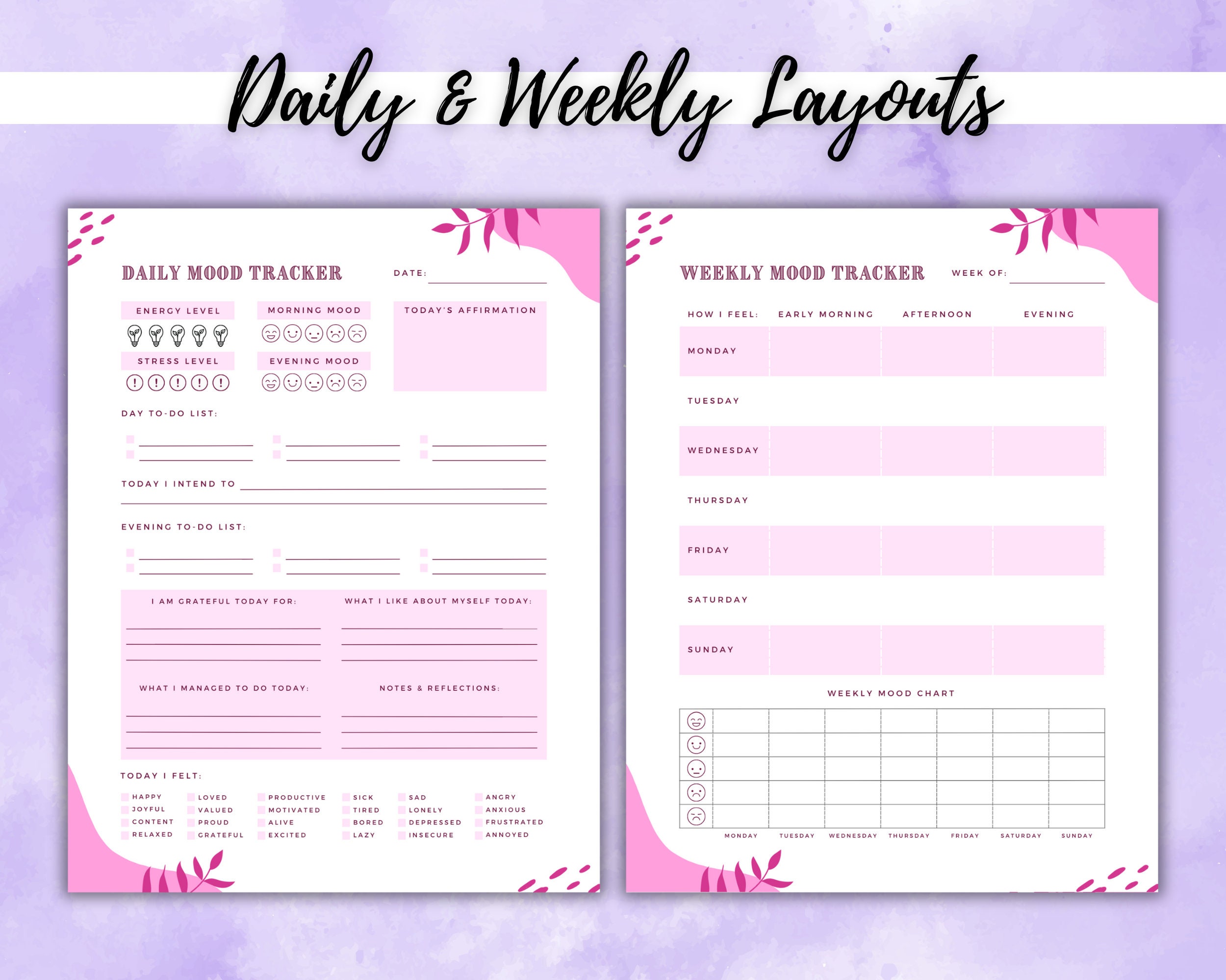 Mood Tracker Printable Kit, Daily Mood Log, Weekly Mood Journal ...