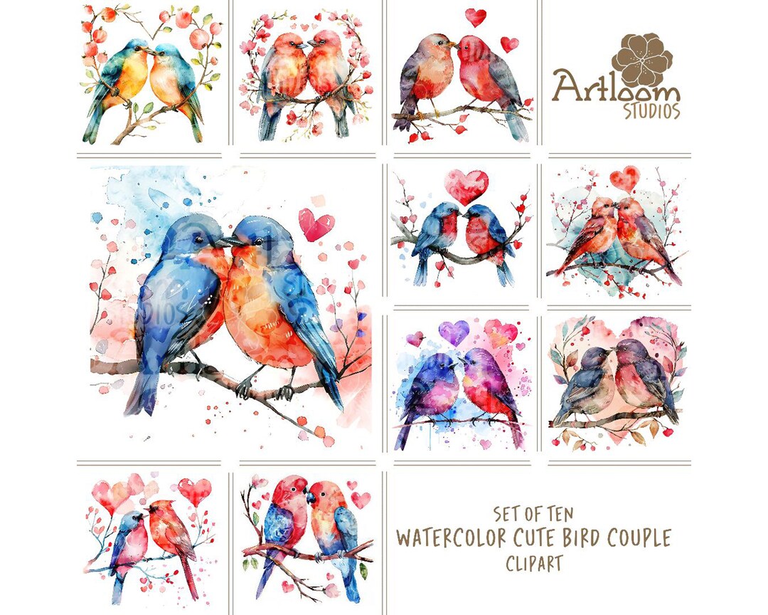 10 Watercolor Cute Bird Couple Clip Art Printable Cute Birds Jpgs High ...