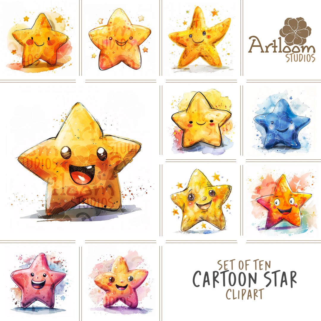 10 Cartoon Star Clip Art Printable Watercolor Star Images High-quality ...