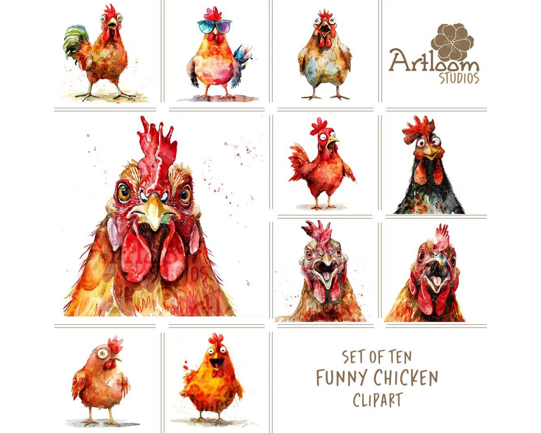10 Funny Chicken Clip Art Printable Watercolor Funny Chicken Jpgs High ...