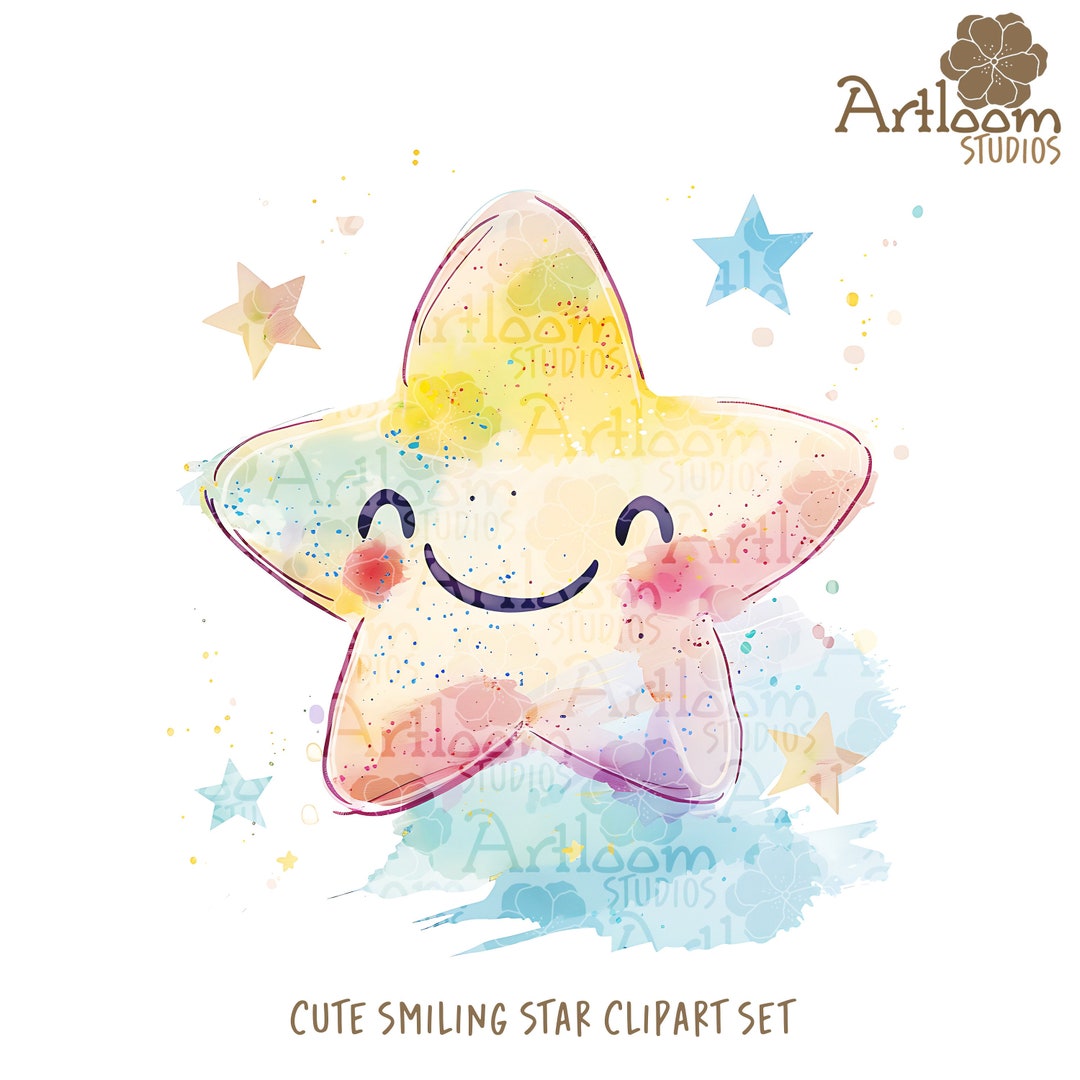 10 Cute Smiling Star Clip Art Printable Watercolor Cute Star Jpgs High ...