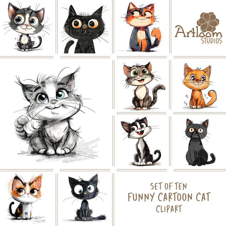 10 Funny Cartoon Cat Clip Art Printable Watercolor Funny Cat Jpgs High ...