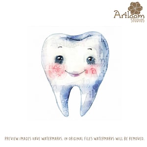 10 Cartoon Tooth Clip Art Printable Watercolor Tooth Jpgs High-quality ...