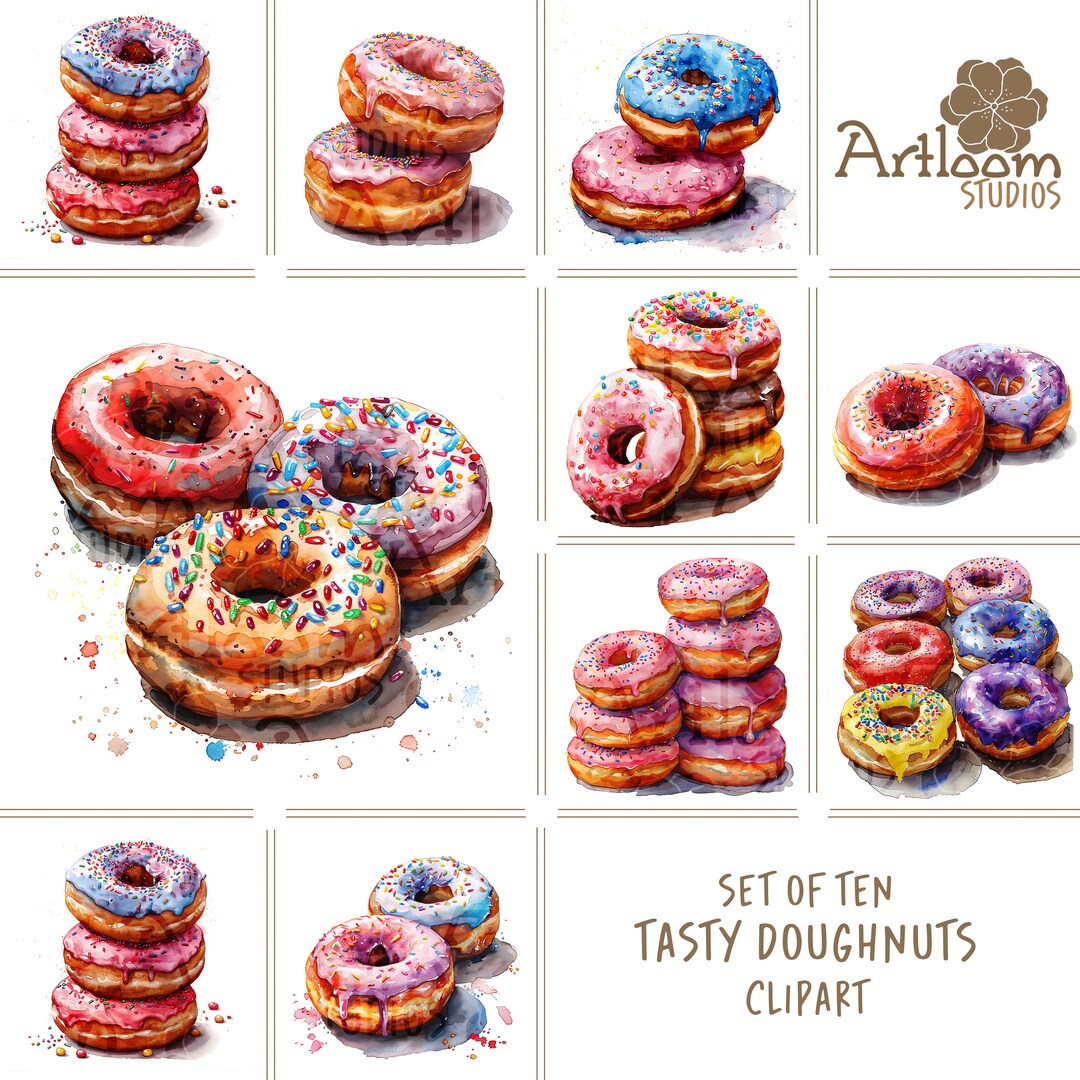 10 Tasty Doughnuts Clip Art Watercolor Printable Donuts Jpgs High ...