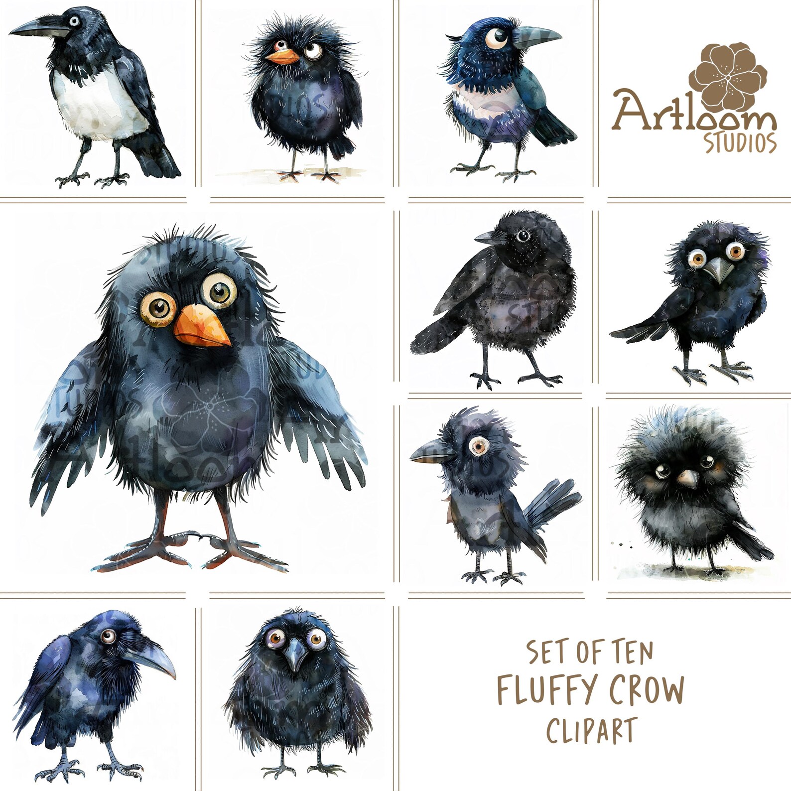 10 Fluffy Crow Clip Art Printable Watercolor Fluffy Cute Crow Jpgs High ...