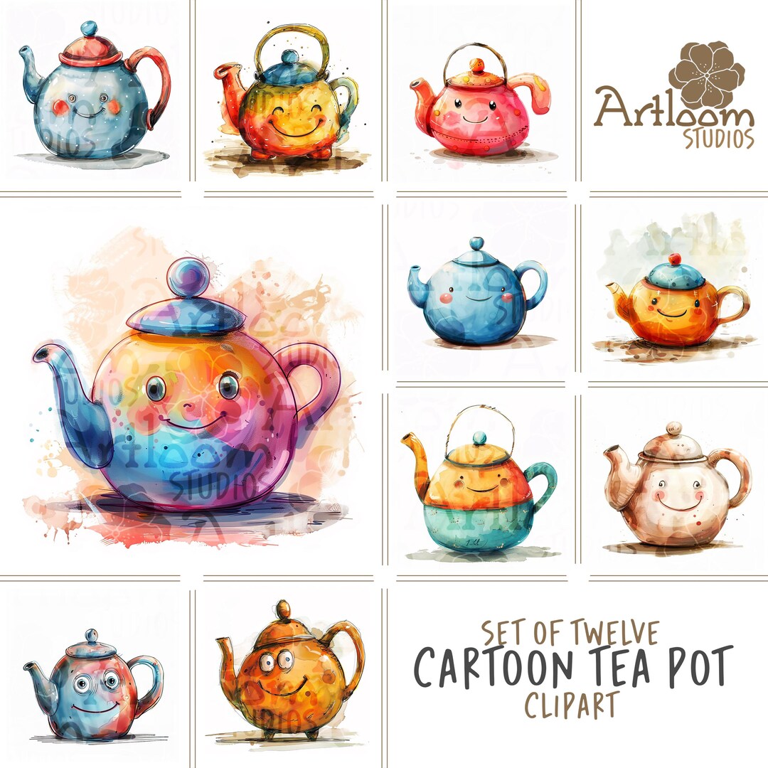 12 Cartoon Tea Pot Clip Art Printable Watercolor Tea Pot Images High ...