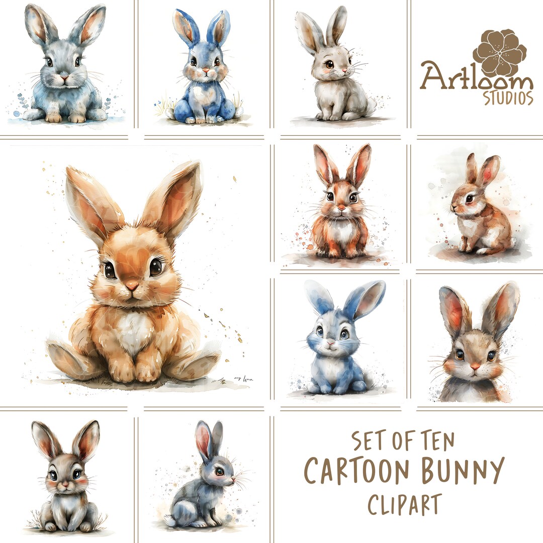 10 Cartoon Bunny Clip Art Printable Watercolor Cartoon Bunny Image High ...