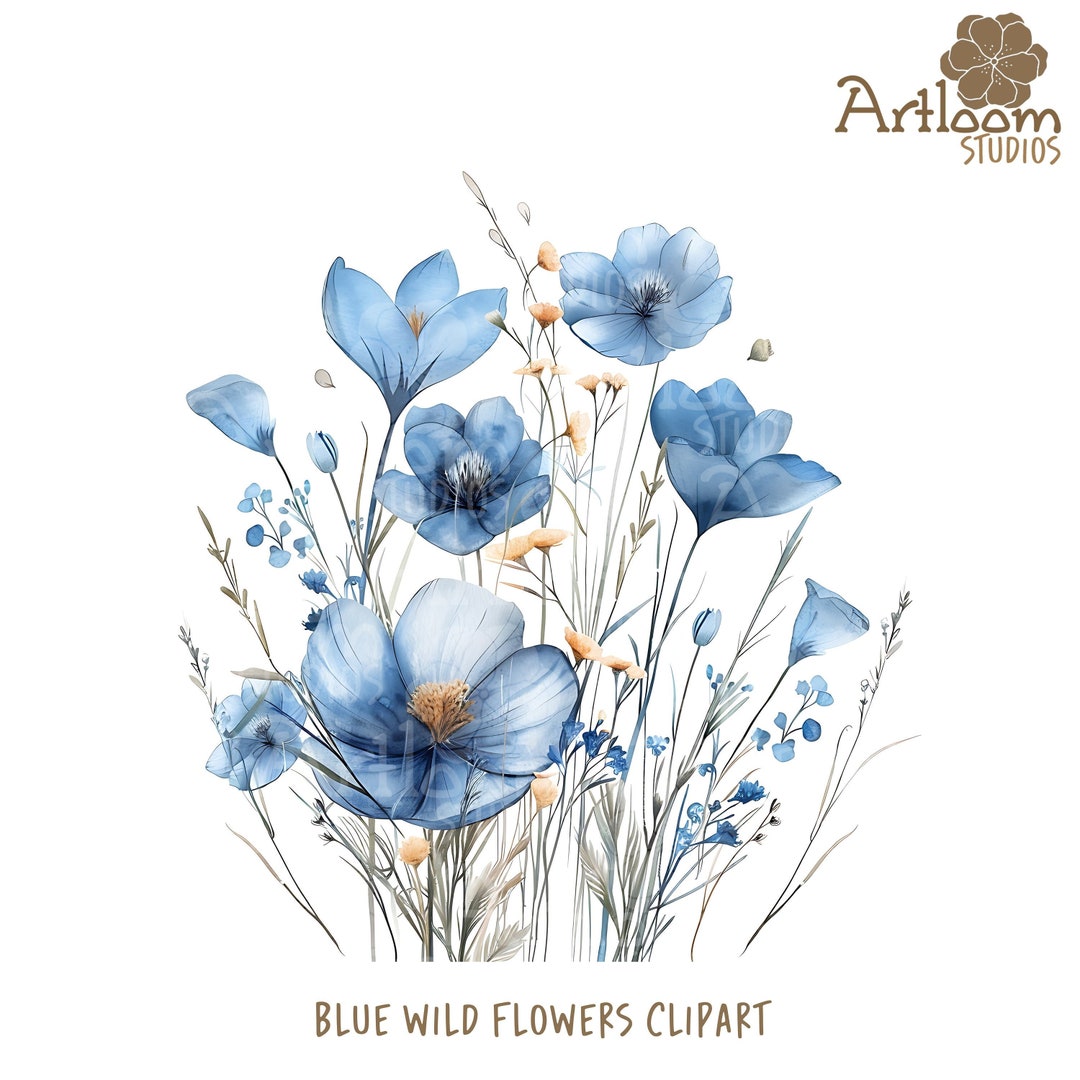 10 Blue Wildflowers Clip Art Watercolor Blue Wildflowers Images High ...