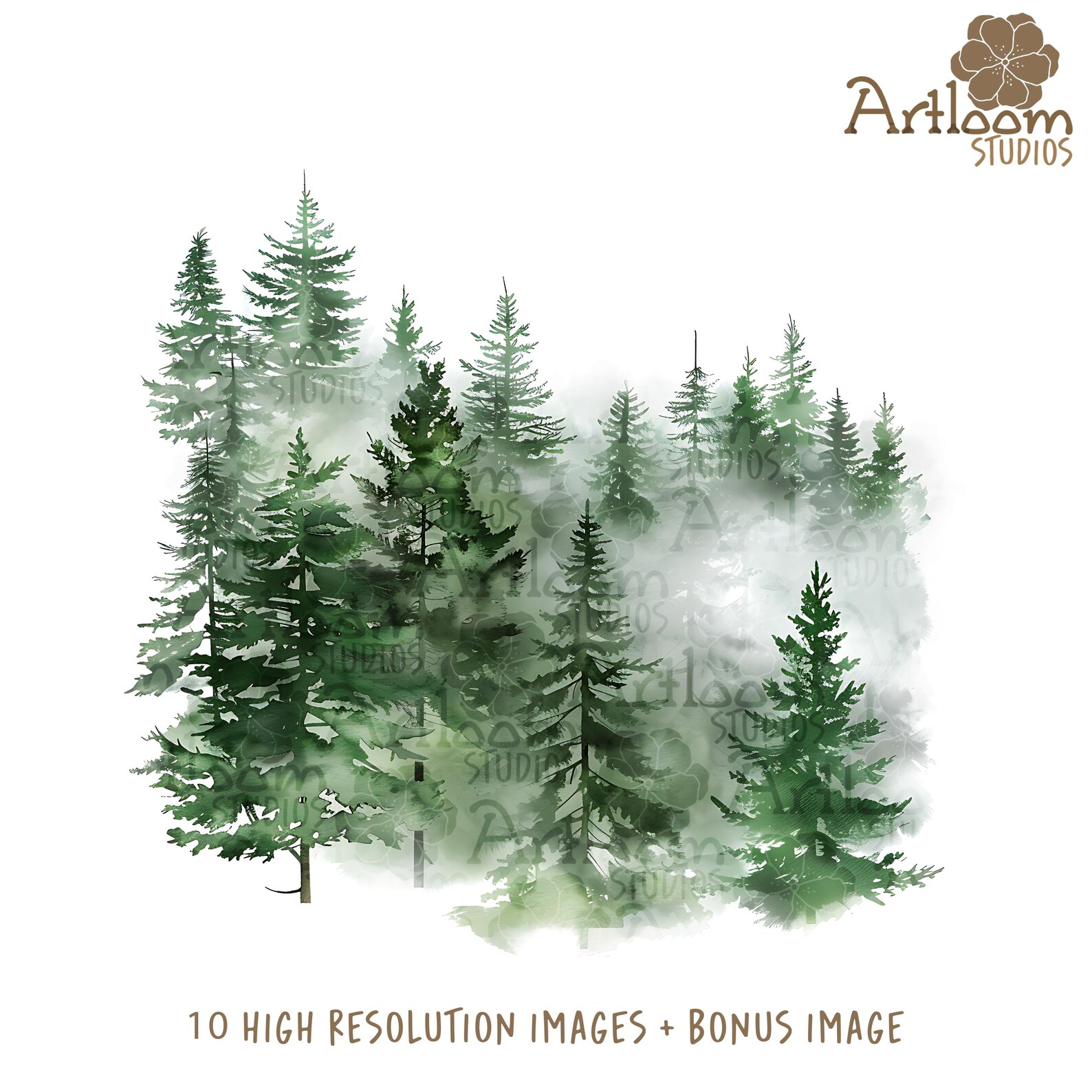 10 Foggy Pine Forest Clip Art Printable Watercolor Pine Forest Jpgs ...