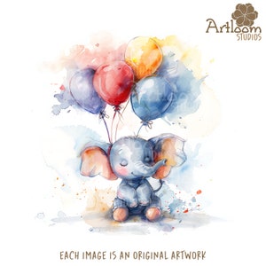 10 Baby Elephant With Balloons Clip Art Printable Watercolor JPG High ...