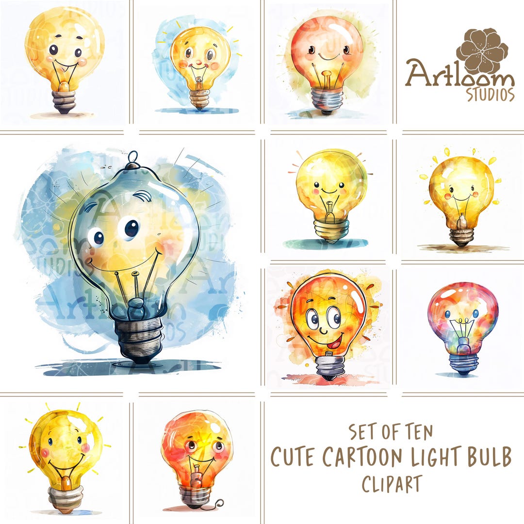 10 Cartoon Light Bulb Clip Art Printable Watercolor Light Bulb Jpgs ...