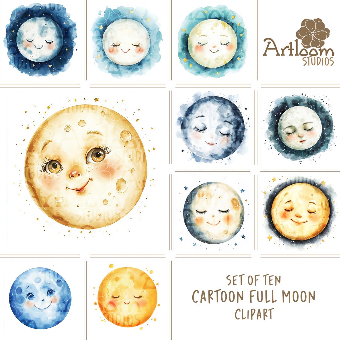 10 Cartoon Full Moon Clip Art Printable Watercolor Moon Jpgs High ...