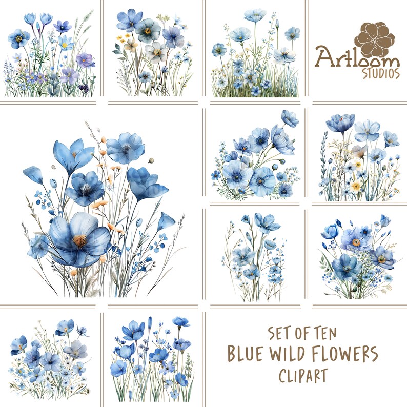 10 Blue Wildflowers Clip Art Watercolor Blue Wildflowers Images High ...