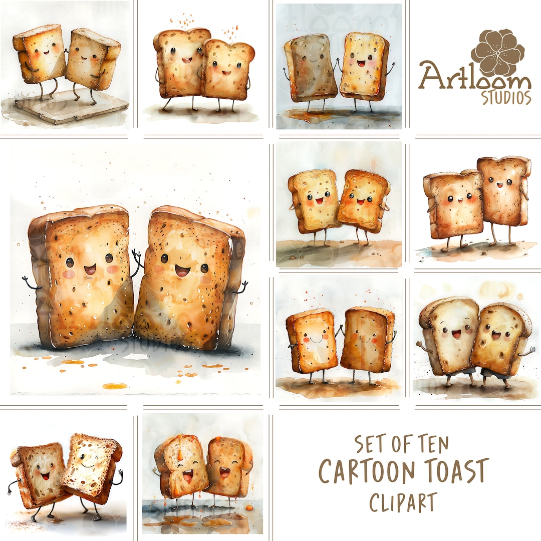 10 Cartoon Toasts Clip Art Printable Watercolor Cartoon Toast Images ...