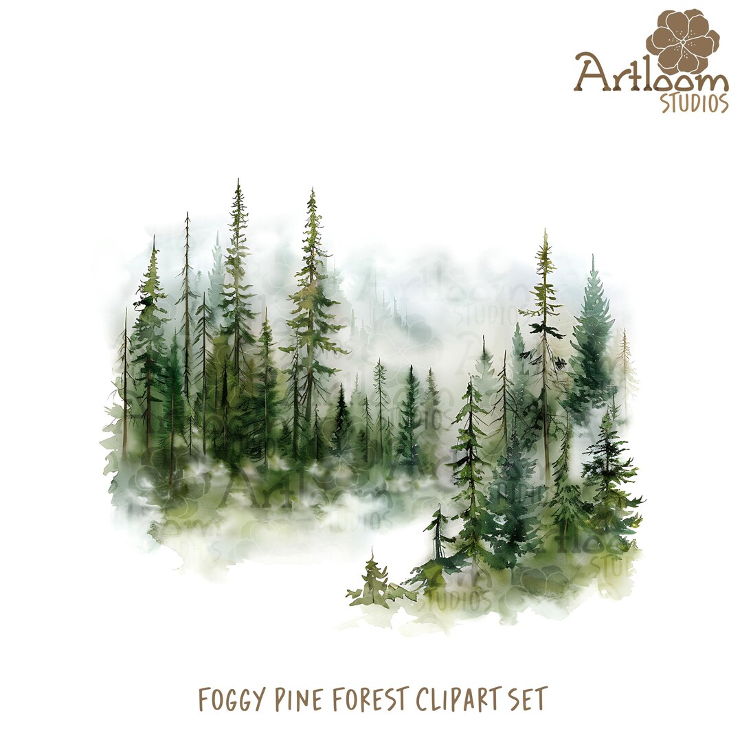 10 Foggy Pine Forest Clip Art Printable Watercolor Pine Forest Jpgs ...