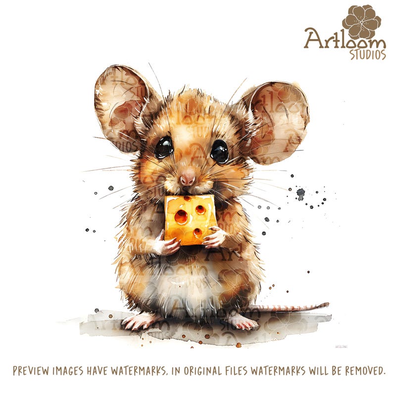 10 Mouse With Cheese Clip Art Printable Watercolor Cute Mouse Jpgs High ...