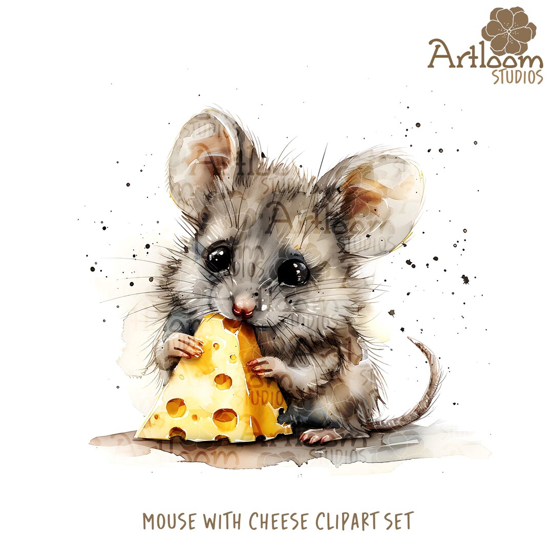 10 Mouse With Cheese Clip Art Printable Watercolor Cute Mouse Jpgs High ...
