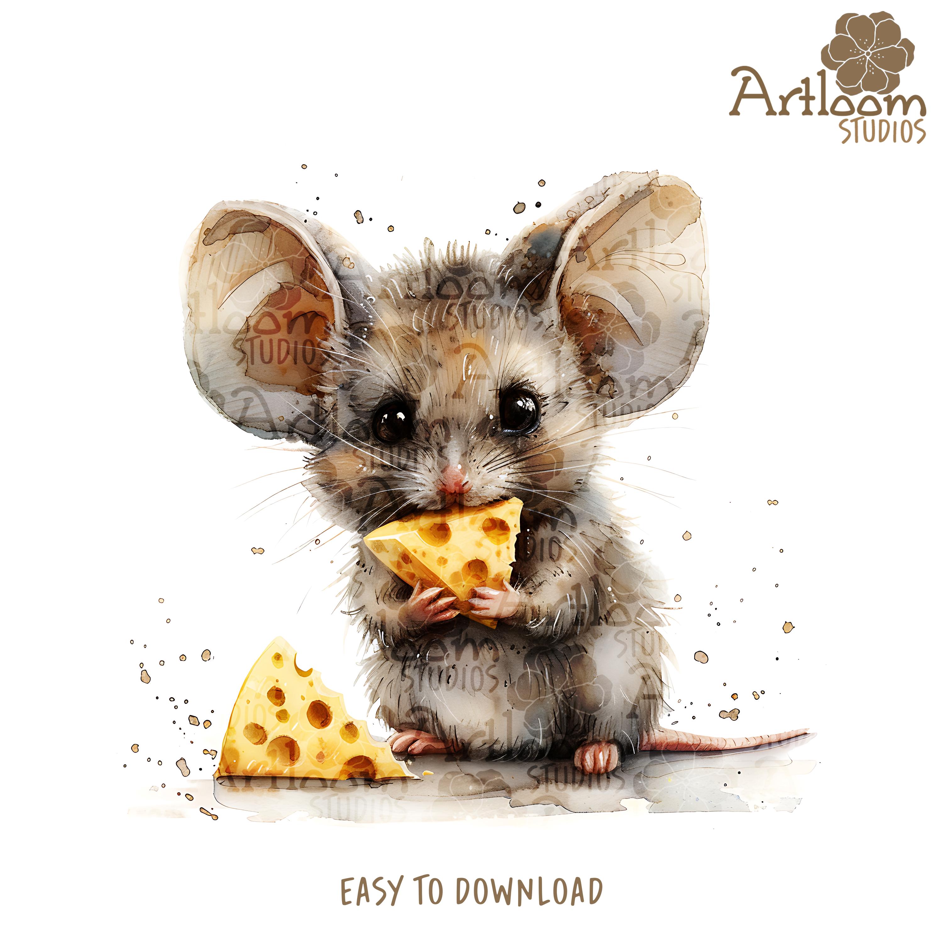 10 Mouse With Cheese Clip Art Printable Watercolor Cute Mouse Jpgs High ...