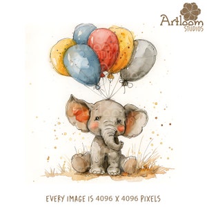 10 Baby Elephant With Balloons Clip Art Printable Watercolor JPG High ...