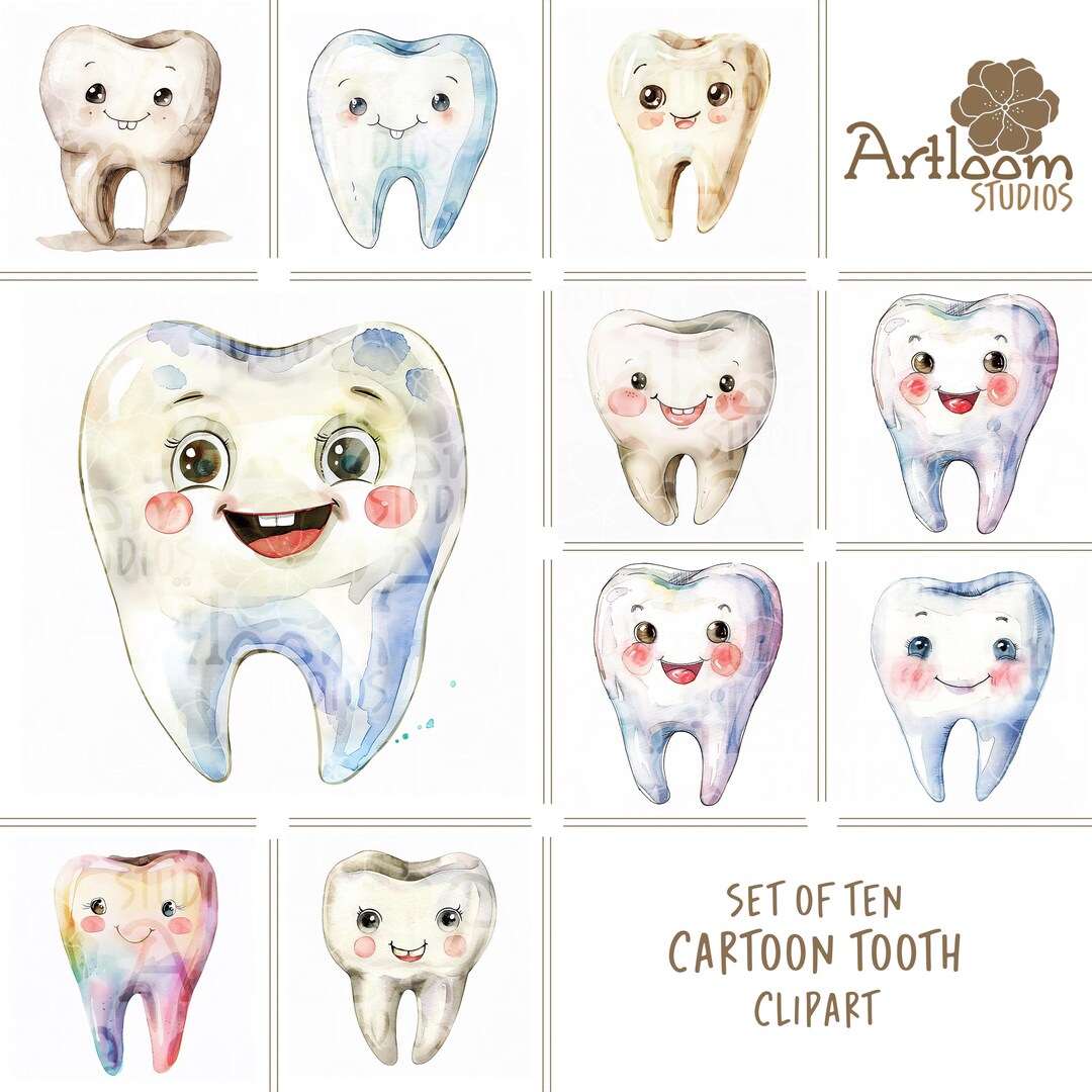 10 Cartoon Tooth Clip Art Printable Watercolor Tooth Jpgs High-quality ...