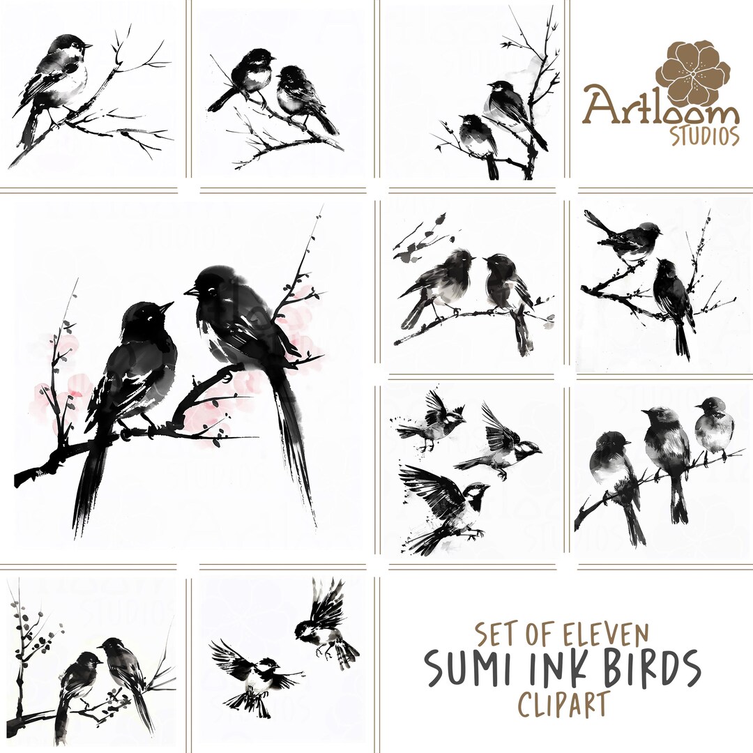 11 Sumi Ink Birds Clip Art Printable Watercolor Sumi Ink Birds Images ...