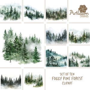 10 Foggy Pine Forest Clip Art Printable Watercolor Pine Forest Jpgs ...