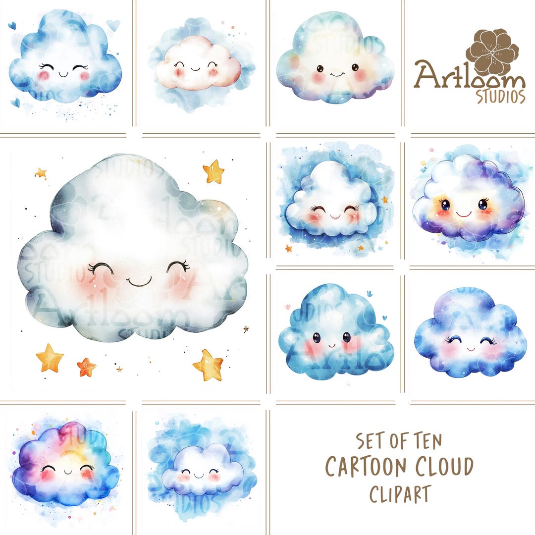10 Cartoon Cloud Clip Art Printable Watercolor Cartoon Cloud Jpgs High ...