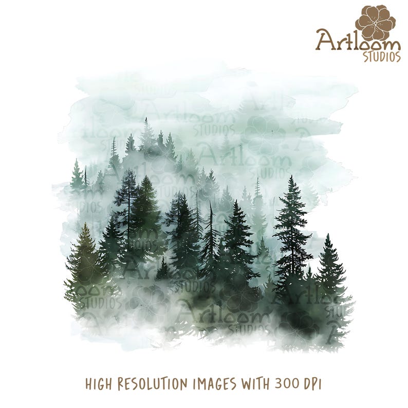 10 Foggy Pine Forest Clip Art Printable Watercolor Pine Forest Jpgs ...