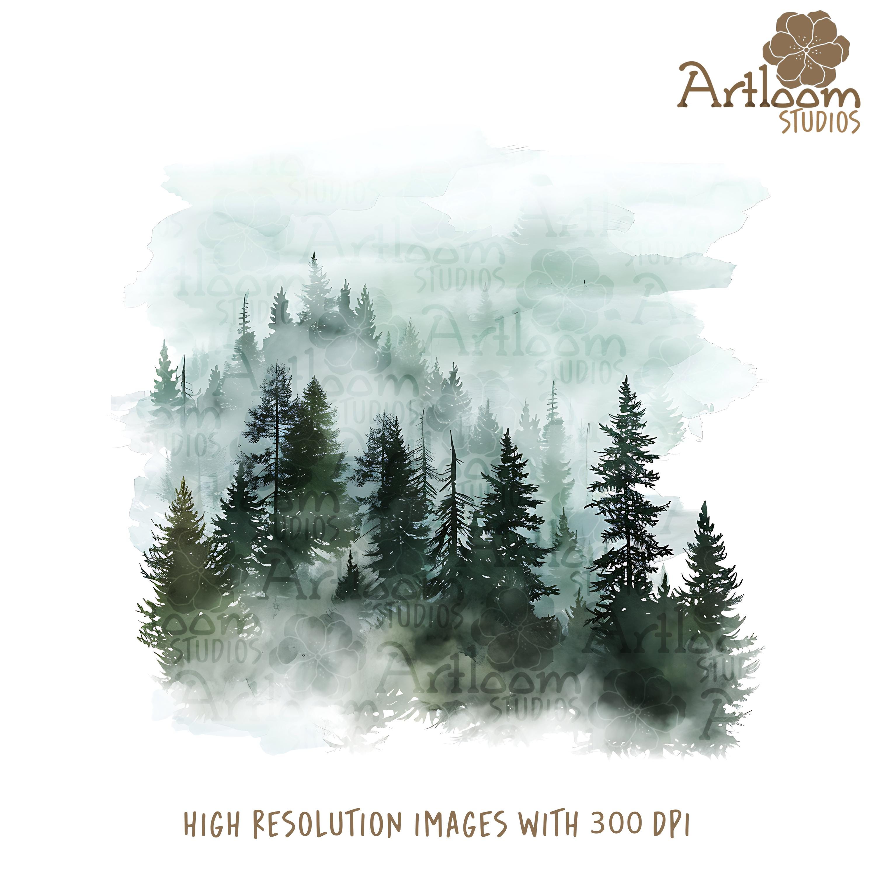 10 Foggy Pine Forest Clip Art Printable Watercolor Pine Forest Jpgs ...