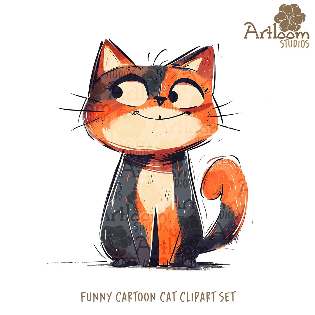 10 Funny Cartoon Cat Clip Art Printable Watercolor Funny Cat Jpgs High ...