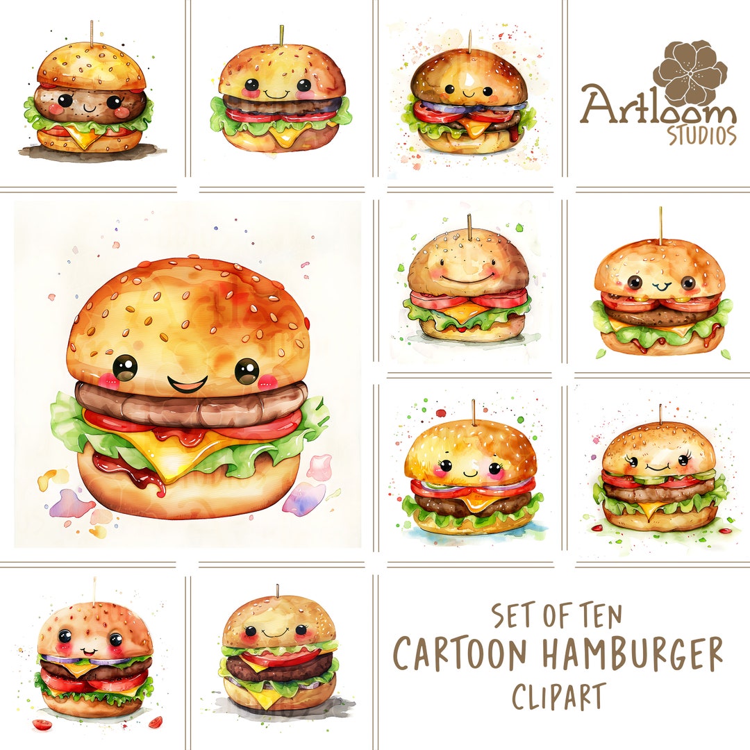 Buy 10 Cartoon Hamburger Clip Art printable Watercolor Hamburger Images ...