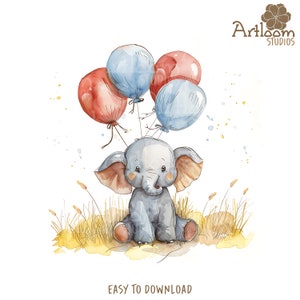10 Baby Elephant With Balloons Clip Art Printable Watercolor JPG High ...