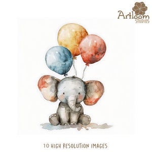 10 Baby Elephant With Balloons Clip Art Printable Watercolor JPG High ...