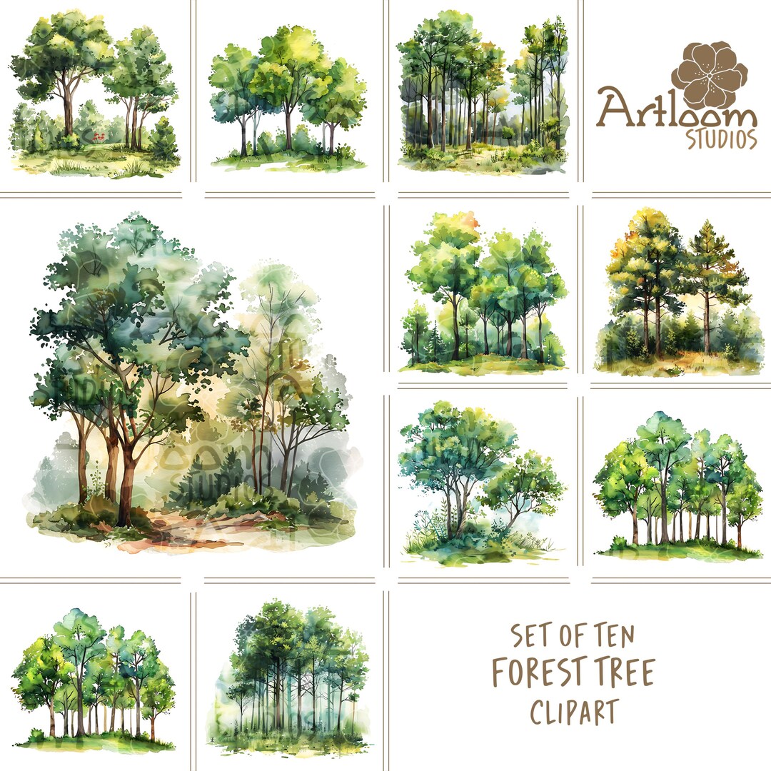 10 Forest Tree Clip Art Printable Watercolor Forest Tree Jpgs High ...