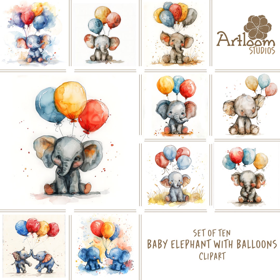 10 Baby Elephant With Balloons Clip Art Printable Watercolor JPG High ...