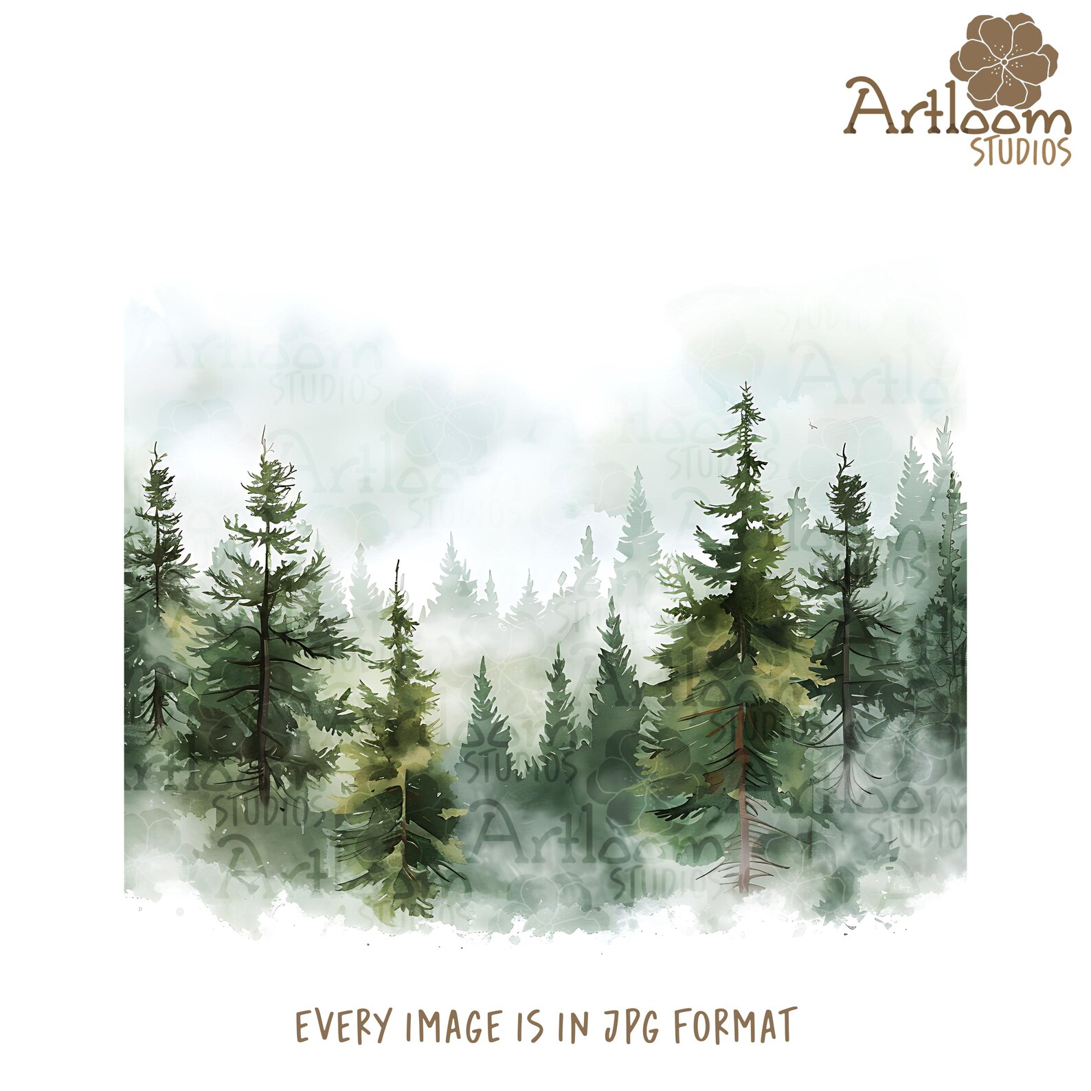 10 Foggy Pine Forest Clip Art Printable Watercolor Pine Forest Jpgs ...