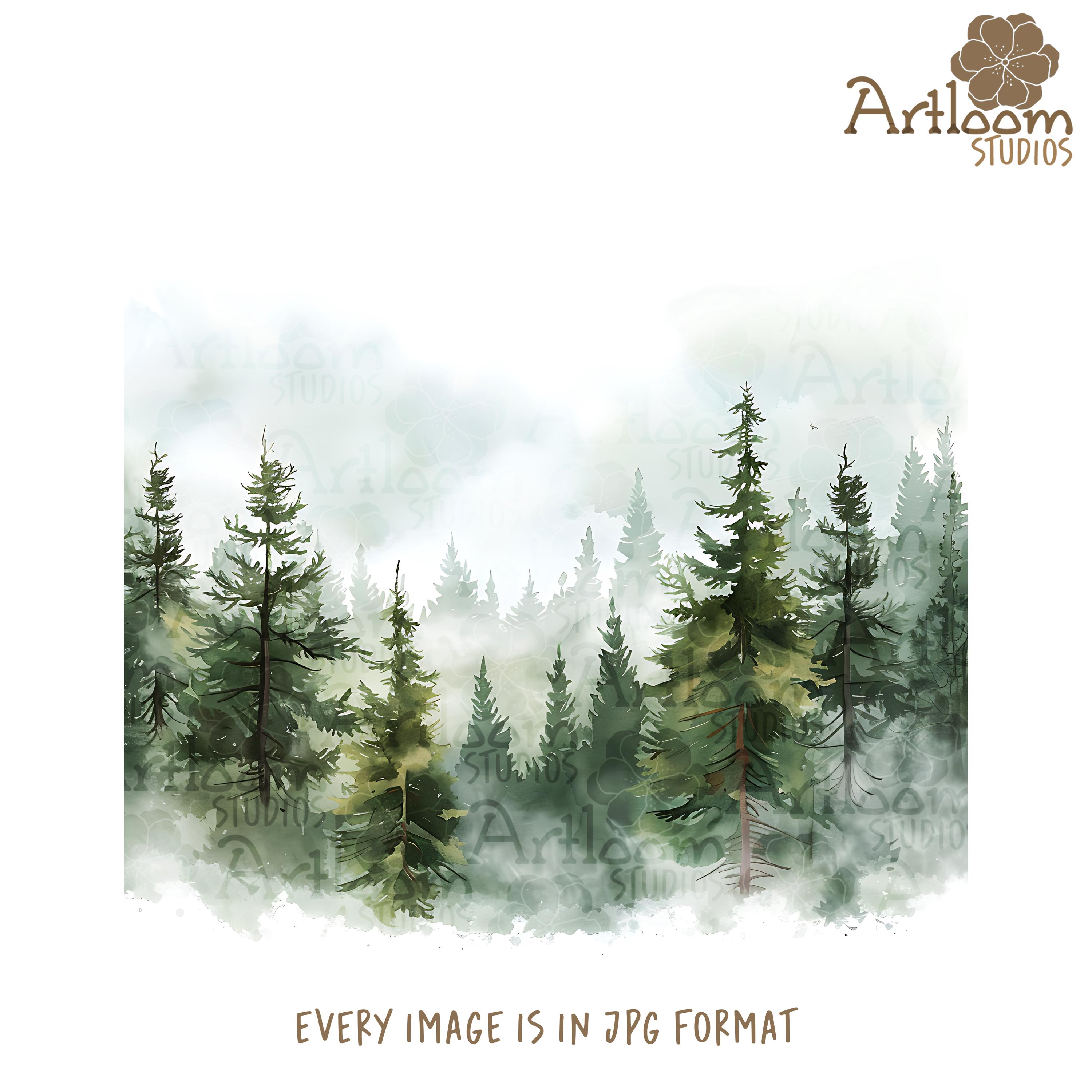 10 Foggy Pine Forest Clip Art Printable Watercolor Pine Forest Jpgs ...