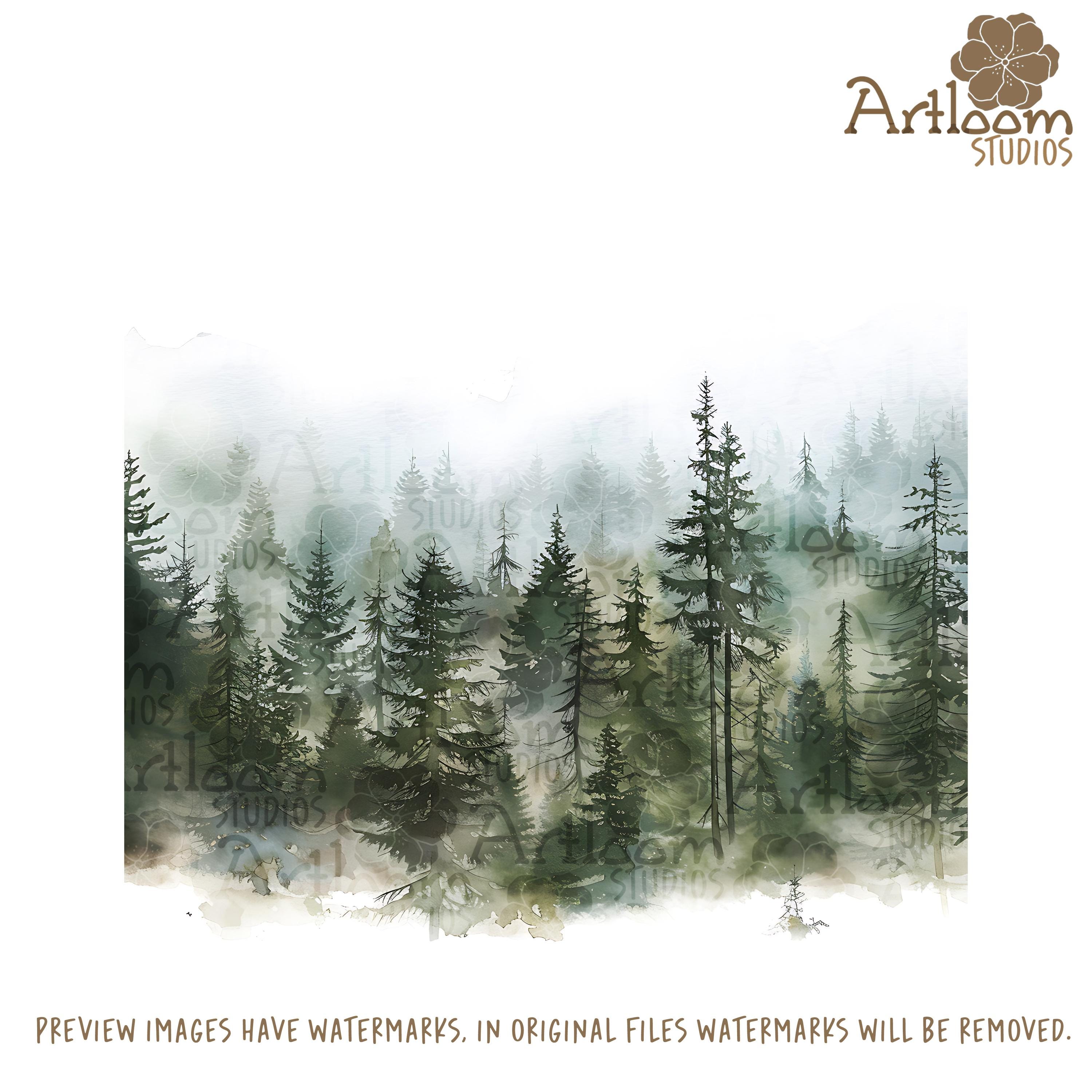 10 Foggy Pine Forest Clip Art Printable Watercolor Pine Forest Jpgs ...
